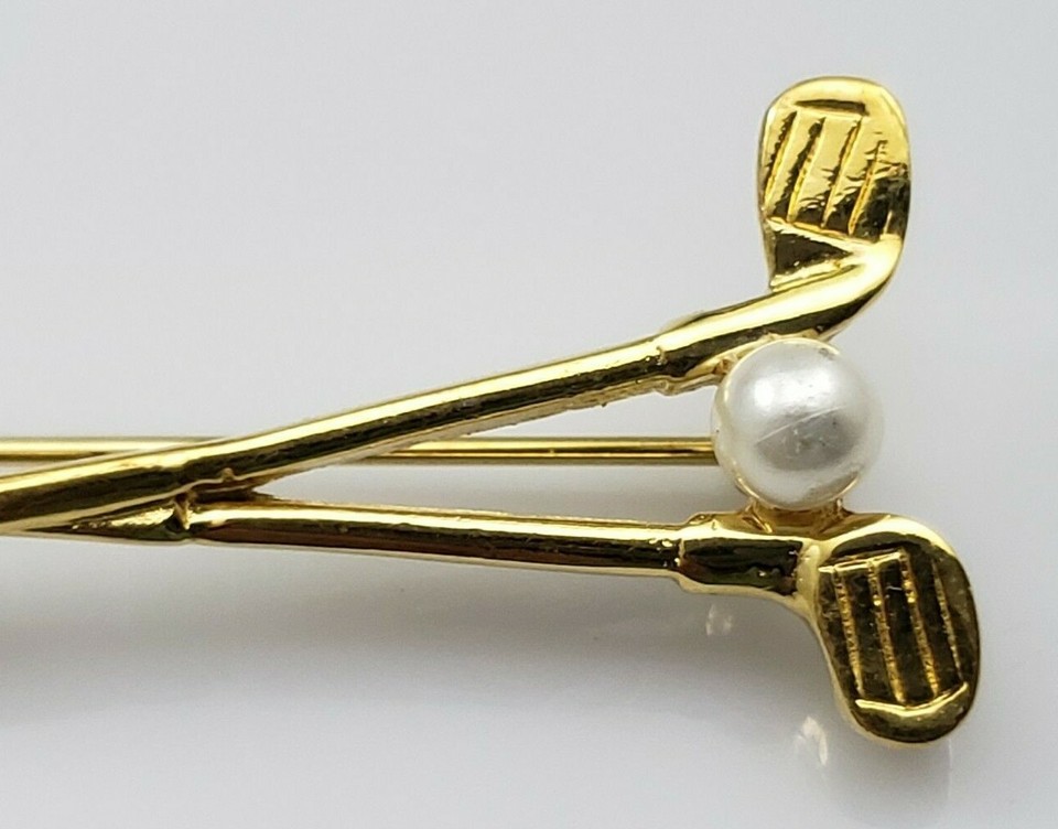 Golf Ball and Putter Clubs Brooch Pin Gold Tone Faux Pearl Golfing ...