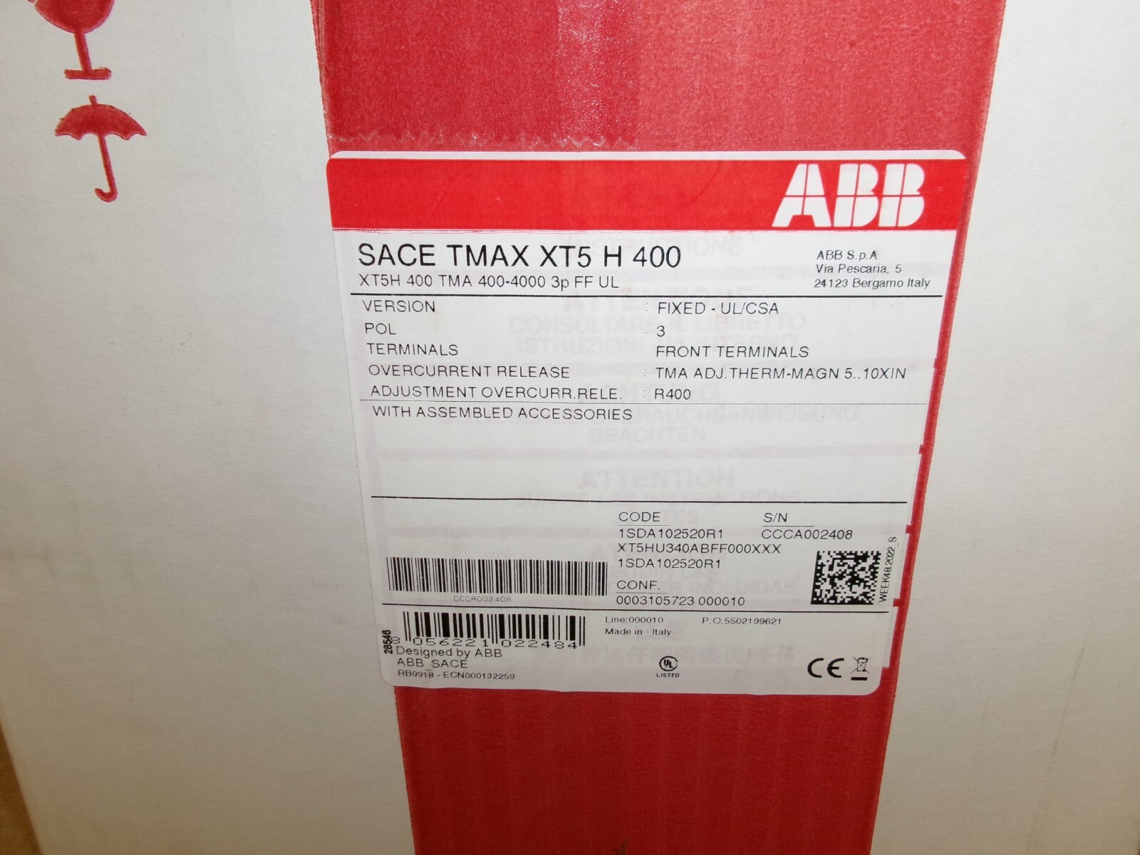 New ABB SACE TMAX XT5 H 400 3 Pole 400 Amp 600v Circuit Breaker FLAWED ...