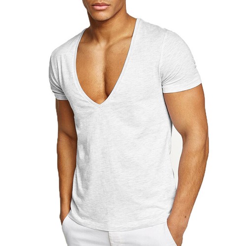 Men V Neck Short Sleeve Tops T-shirt Slim Fit Sport Casual Gym Muscle ...