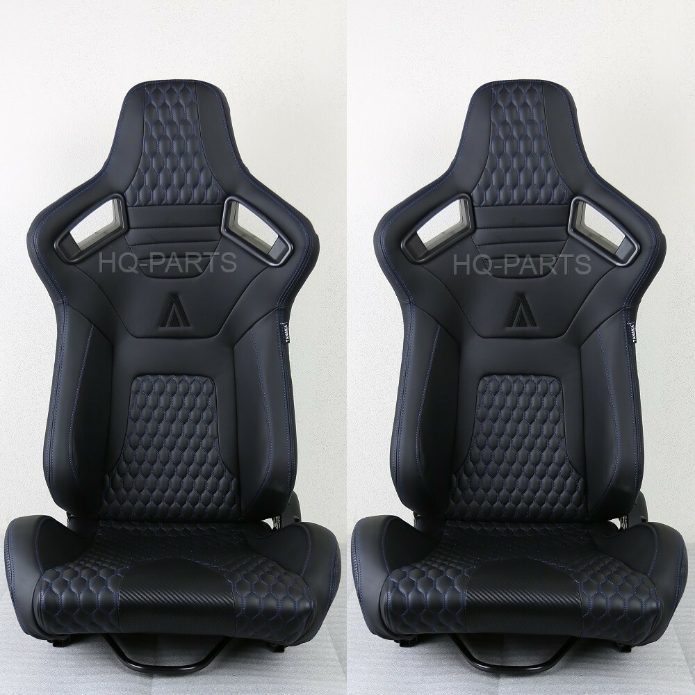 2 X TANAKA PREMIUM BLACK CARBON PVC LEATHER RACING SEATS + BLUE STITCH ...