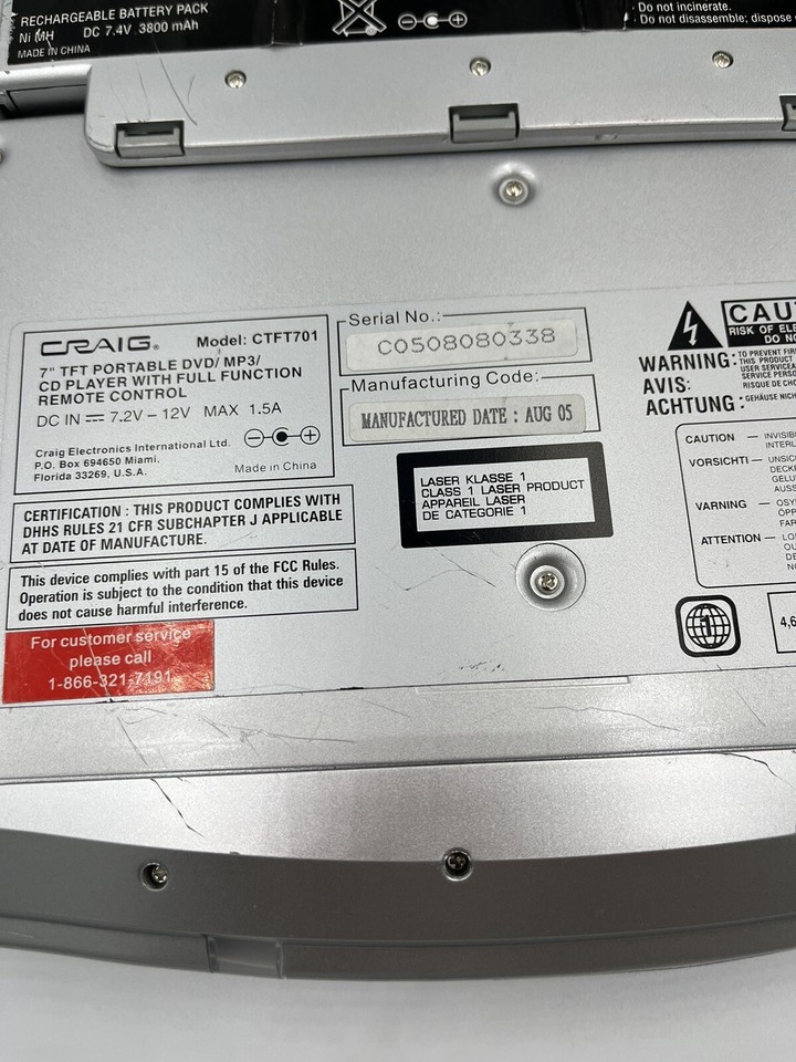 Craig 7 inch Portable DVD Player Model CTFT701 Rechargeable Battery ...