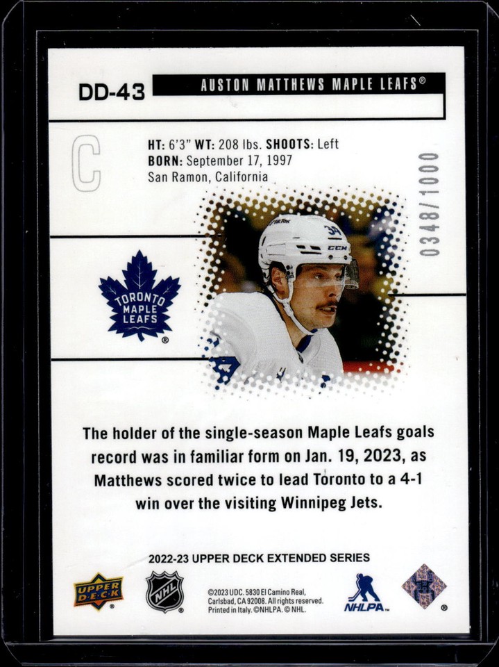 2022-23 Upper Deck #DD-43 Auston Matthews Black Diamond Dominance ...