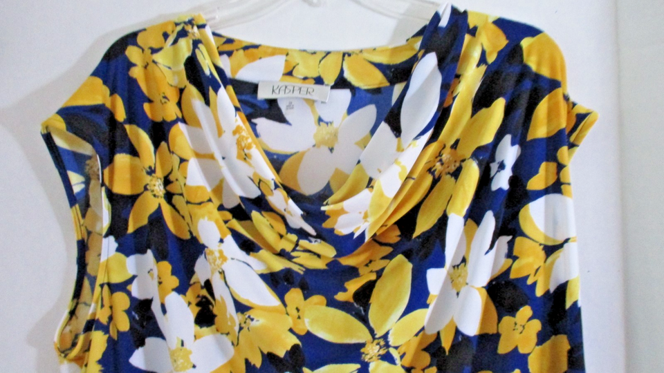 KASPER~ Navy Yellow White FLORAL COWL NECK CAP SLEEVE TOP SHIRT ~Women ...