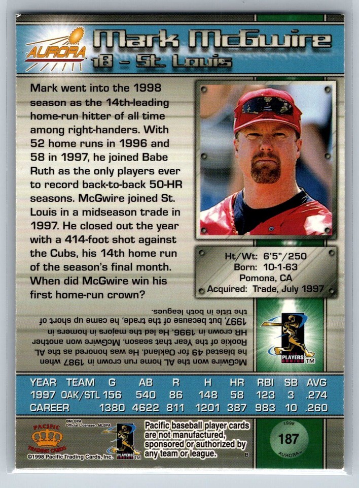 1998 Pacific Aurora Mark McGwire St. Louis Cardinals #187 | eBay