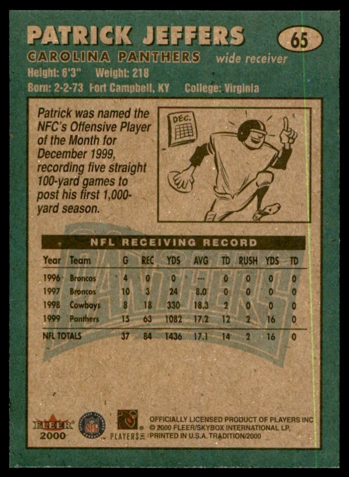 2000 Fleer Tradition Patrick Jeffers Carolina Panthers #65 | eBay