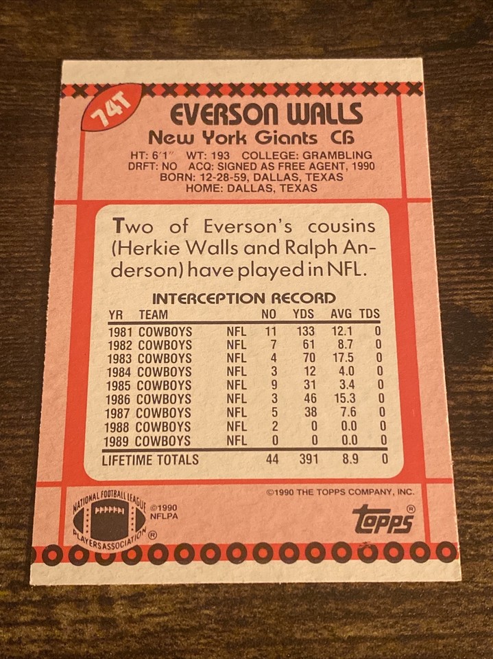 1990 Topps Traded Everson Walls New York Giants #74T L7940* | eBay