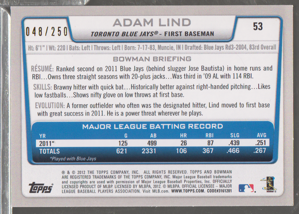 Adam Lind Blue Jays 2012 Topps Bowman #53 /250 100923NPCD44 | eBay