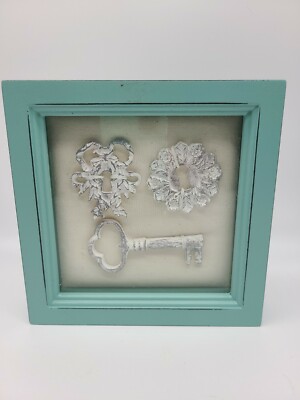 Locks And Key 3d Framed Art White Teal Shabby Chic Cottage 6"x6" | eBay