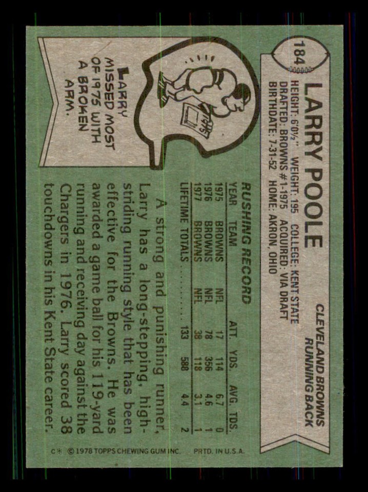 1978 Football Topps Larry Poole Cleveland Browns #184 RC2 | eBay