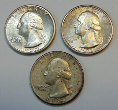 3 MOTTO VARIATIONS ~ 1934 WASHINGTON SILVER QUARTERS ~ LIGHT ~ MEDIUM ...