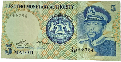 1979 Lesotho Monetary Authority 5 Maloti Banknote with Crocodile on ...