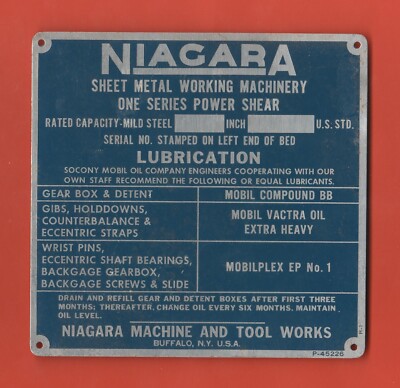 1960'S NIAGARA MACHINE AND TOOLS WORKS BUFFALO N.Y. SMALL SIGN 4 3/4" X ...