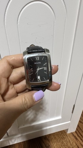 Bulova 96B107 41mm Silver Stainless Steel Case with Black Leather Strap ...