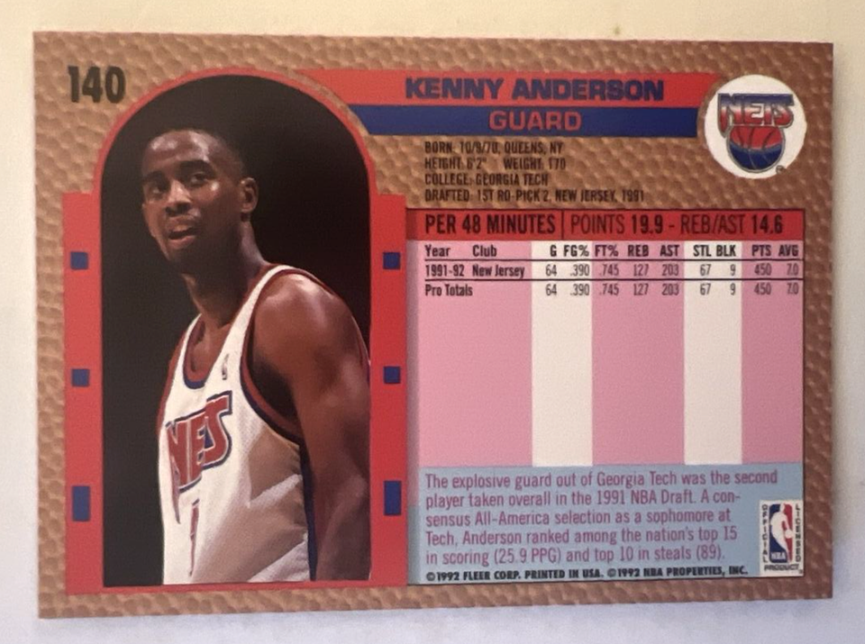 NBA - 1992 - Kenny Anderson -Fleer - New Jersey Nets No.140 - Perfect ...
