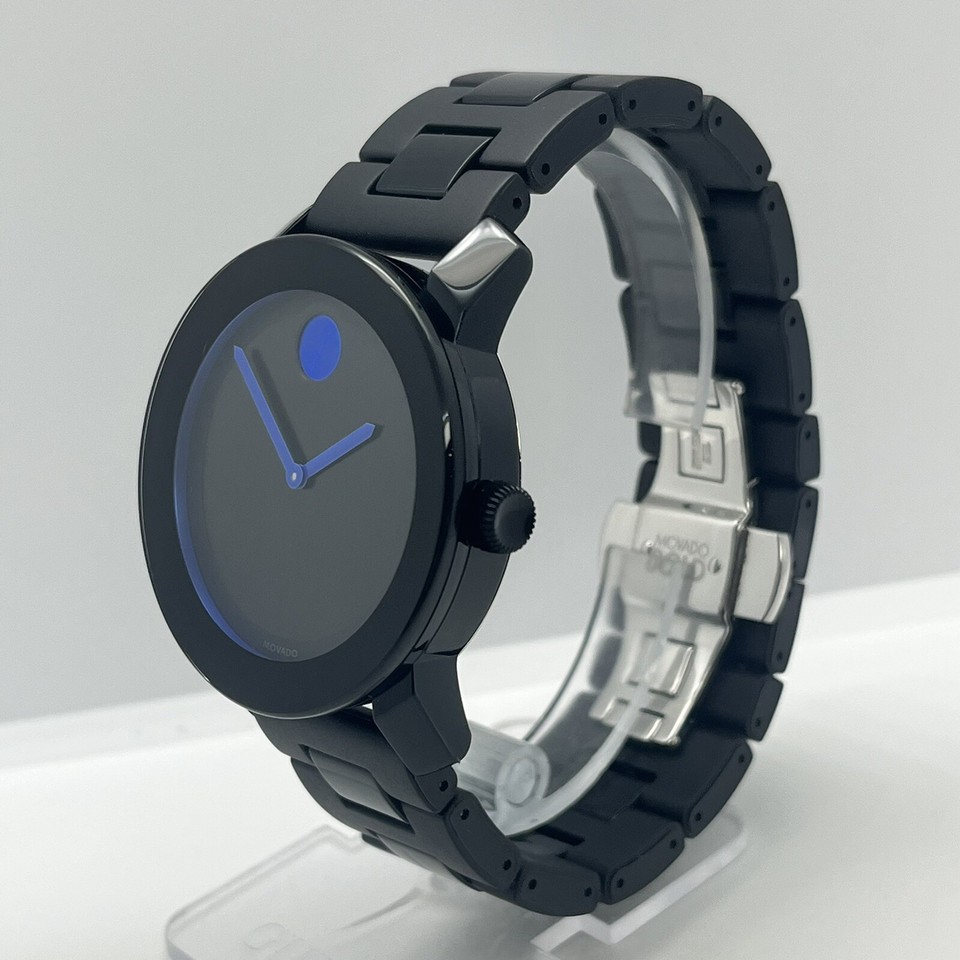 Movado Bold All Black Blue Dot Stainless Steel Men's 42mm SWISS Watch ...