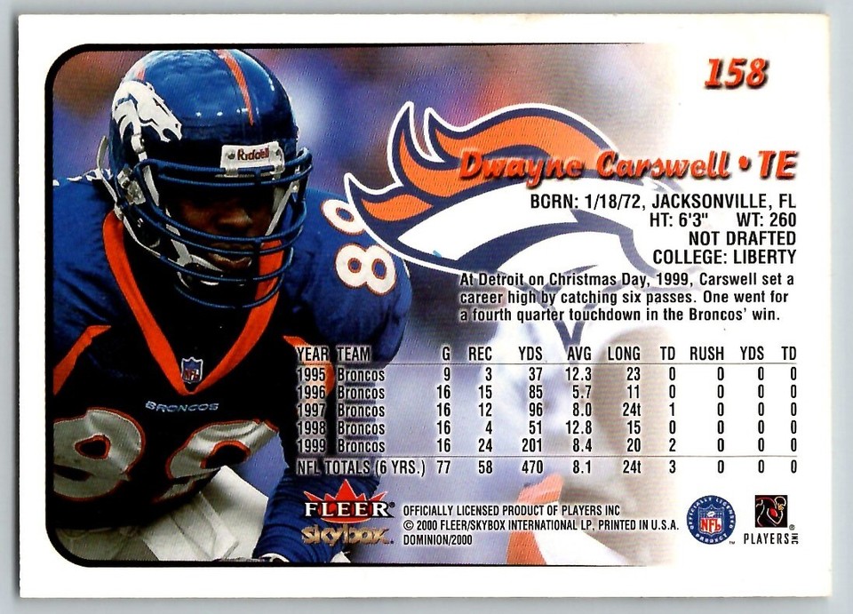 2000 SKYBOX DOMINION DWAYNE CARSWELL DENVER BRONCOS #158 | eBay