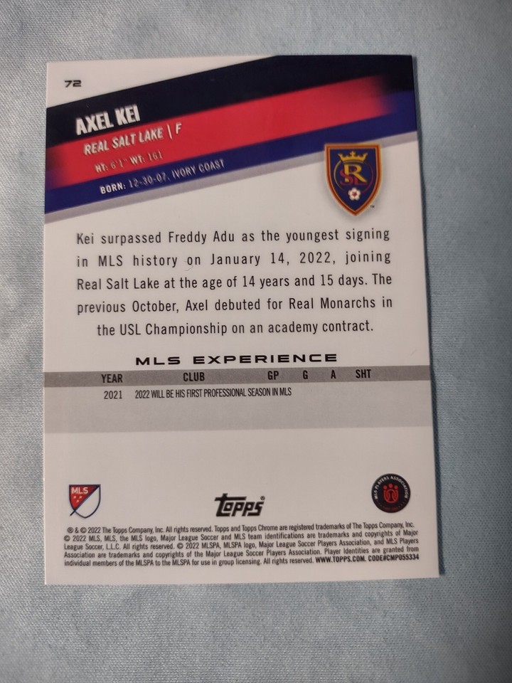 2022 Topps Chrome MLS Base #72 Axel Kei - Real Salt Lake RC | eBay