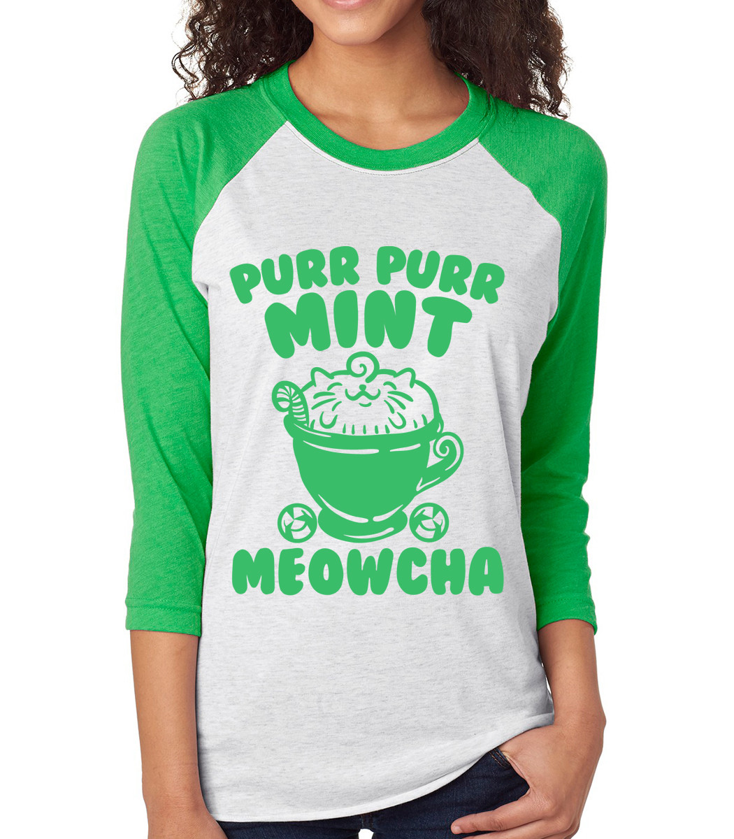 PURR PURR MINT MEOWCHA Christmas drink cats gift Women's 3/4 Sleeve ...