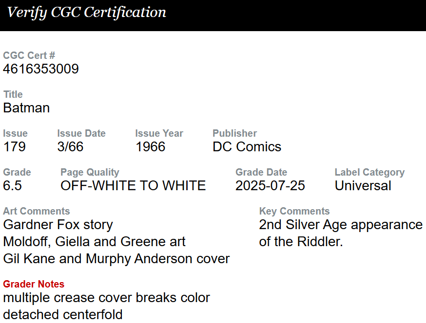Batman #179 1966 DC Comics CGC 6.5 Silver Age Riddler Cover Joker ...