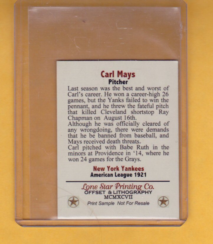 Carl Mays, Pitcher '21 NY Yankees threw pitch that killed Ray Chapman ...