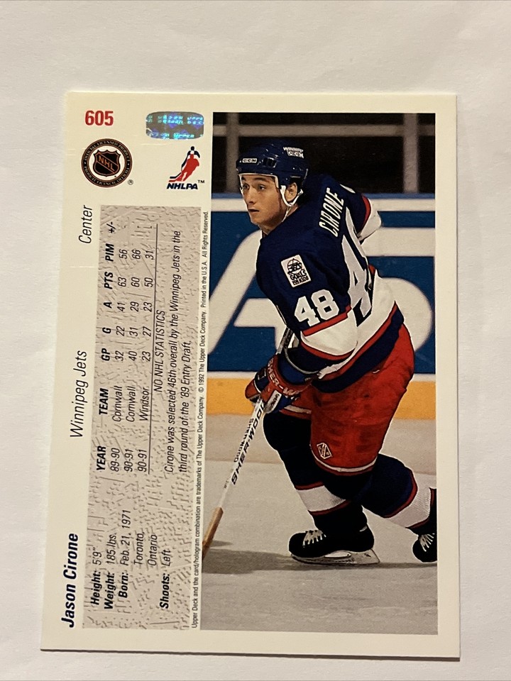 1991-92 Upper Deck Winnipeg Jets Hockey Card #605 Jason Cirone Rookie ...