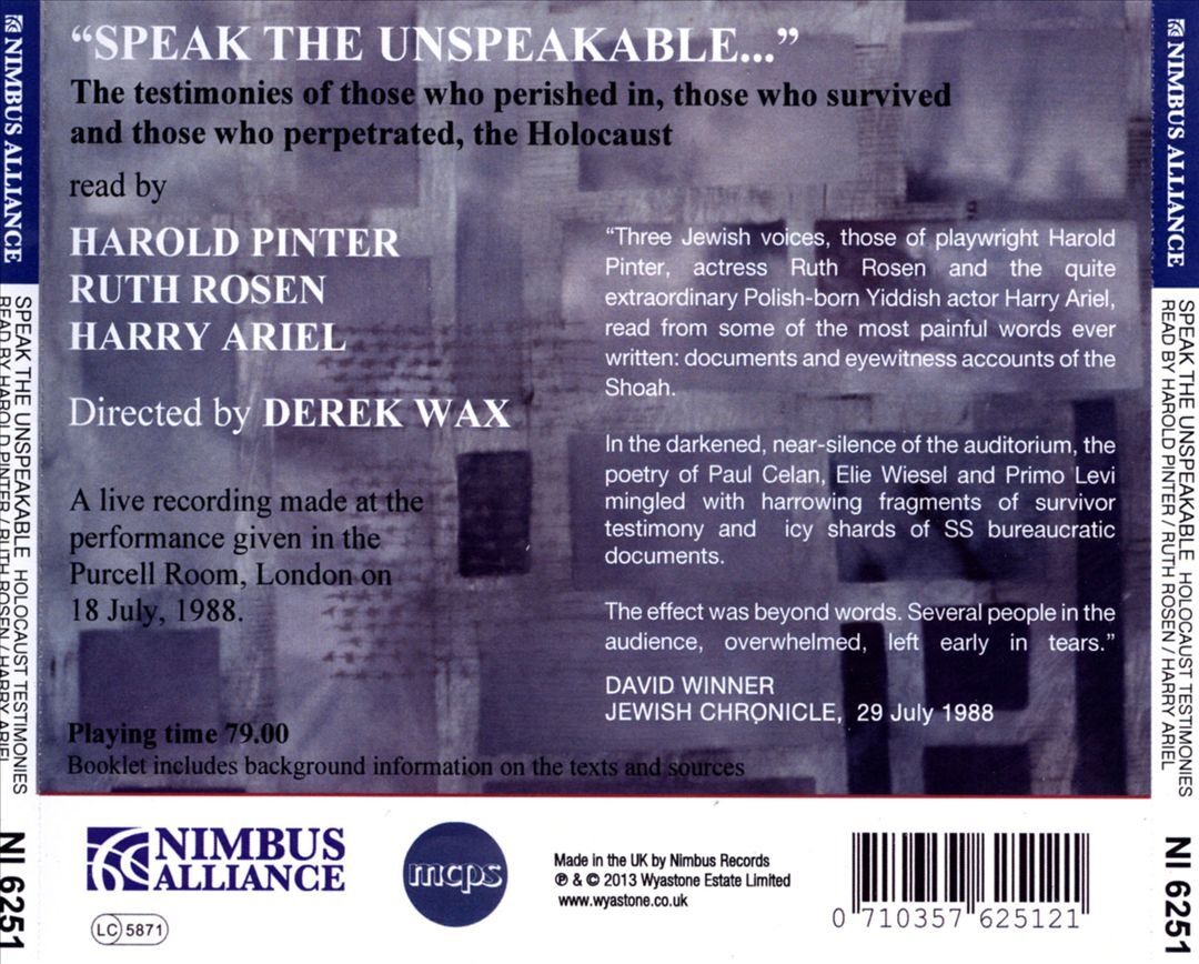 HAROLD PINTER/RUTH ROSEN/HARRY ARIEL SPEAK THE UNSPEAKABLE NEW CD ...