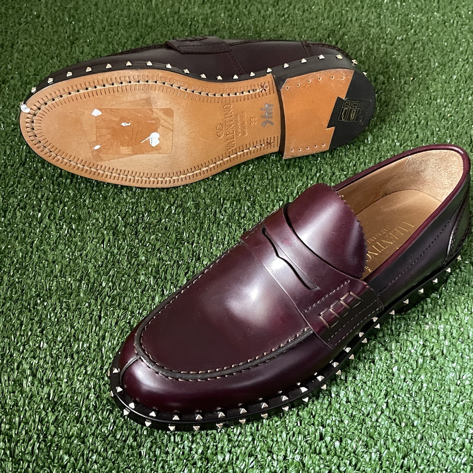 VALENTINO GARAVANI Studded Burgandy Leather Penny Loa… - Gem