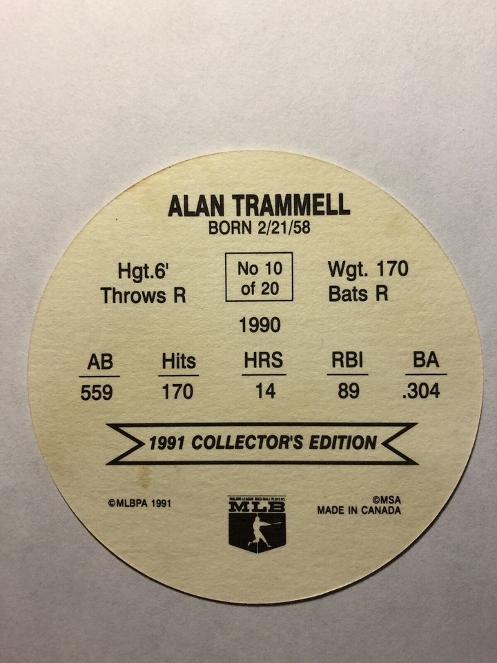 1991 MSA BENS BREAD DISC SUPER STARS ALAN TRAMMELL (DETROIT TIGERS) #10 ...