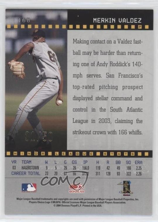 2004 Donruss Studio Studio Proofs Gold /50 Merkin Valdez #168 Rookie RC ...