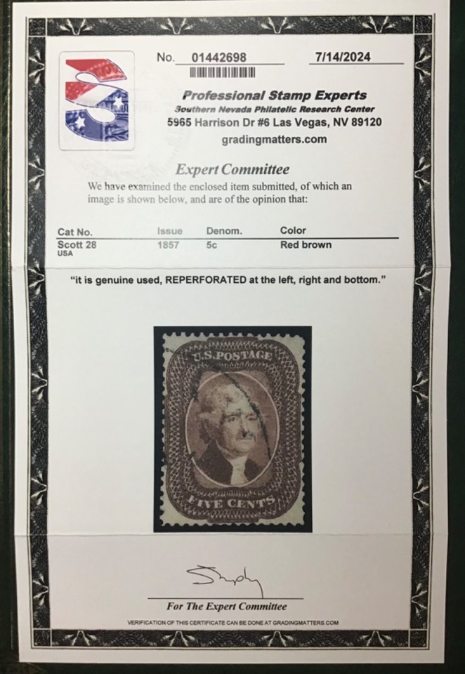 US #28 5c Red Brown Type I XF Used Gem Light Town Cancel PSE Certified ...