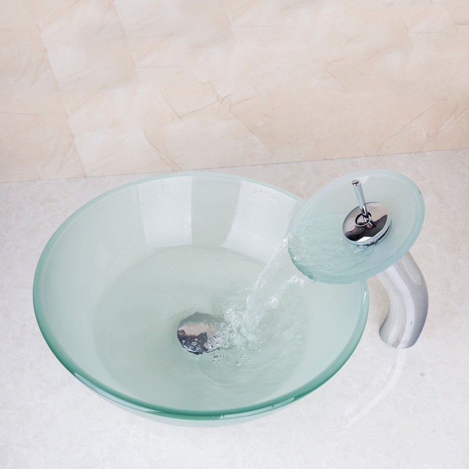 Round Scrub Tempered Glass Bathroom Vessel Sink Basin Bowl With Chrome ...