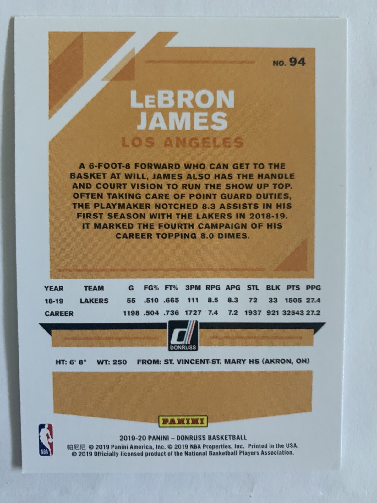 2019-20 Panini Donruss LEBRON JAMES #94 Los Angeles Lakers Card Base ...