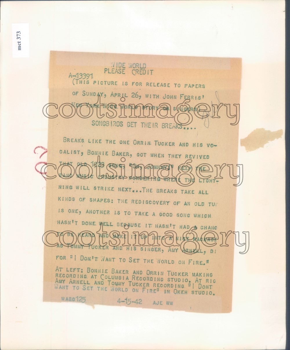 1942 Bandleader Orrin Tucker With Singer Bonnie Baker Oh Johnny Press ...