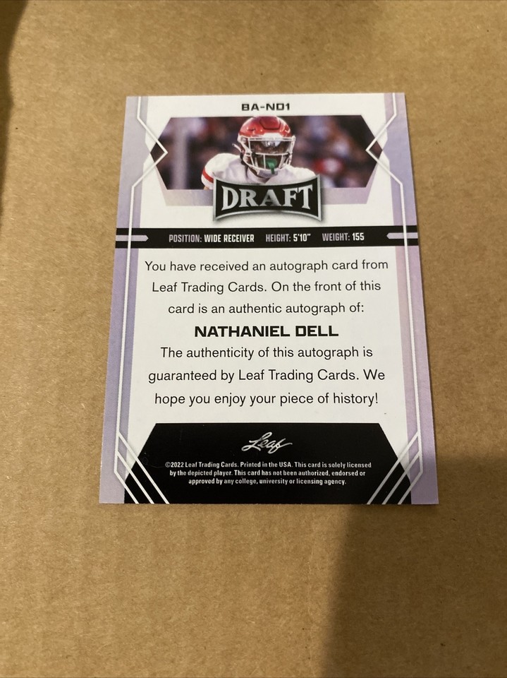 2022 Leaf Draft Autographs Blue #BA-ND1 Nathaniel TANK Dell edge wear ...