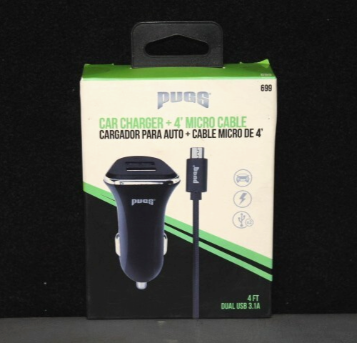Pugs Gear Car 12V Charger w/ Micro USB 4' Cable Black Model 699/186 ...