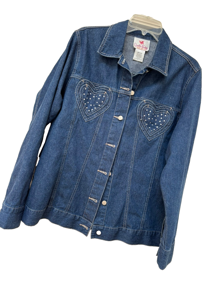 Quacker Factory Womens Jacket M Denim Button beaded heart | eBay