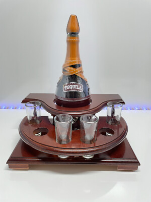 Mexican Barware Tequila Decanter leather 4 Shot Glass Set Wood stand 13 ...