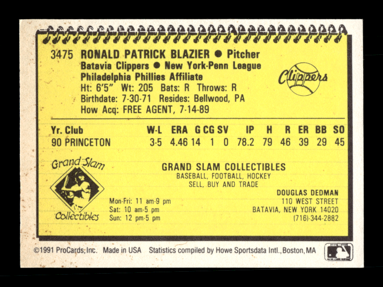 1991 Pro Cards # 3475 Ron Blazier Card (ML) Batavia Clippers Phillies ...