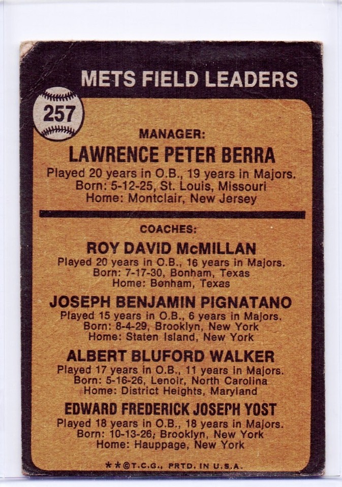 1973 Topps Baseball Card #257 Mets Manager Yogi Berra | eBay