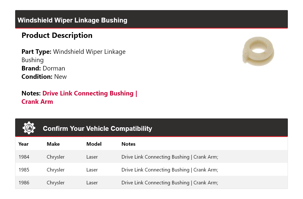 For 1984-1986 Chrysler Laser Dorman Windshield Wiper Linkage Bushing ...