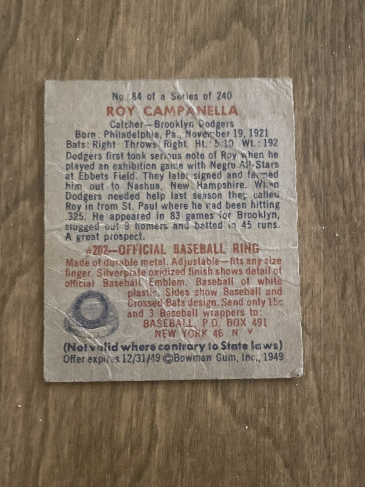 1949 Bowman Roy Campanella ROOKIE #84 Dodgers HOF - Gray Back - Honest ...