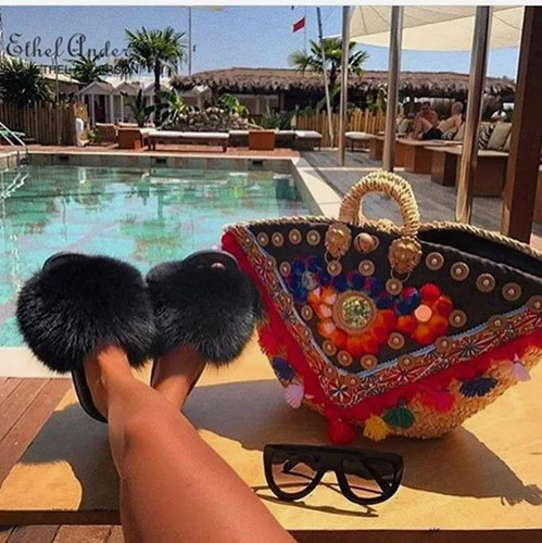 Women's Real Farm Fox Fur Fluffy Slippers Furry Slides Sandals Outdoor ...
