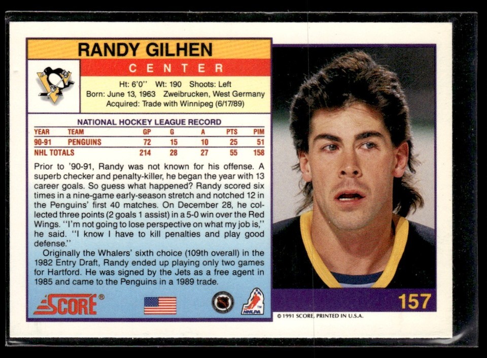 1991-92 Score Randy Gilhen Pittsburgh Penguins #157 | eBay