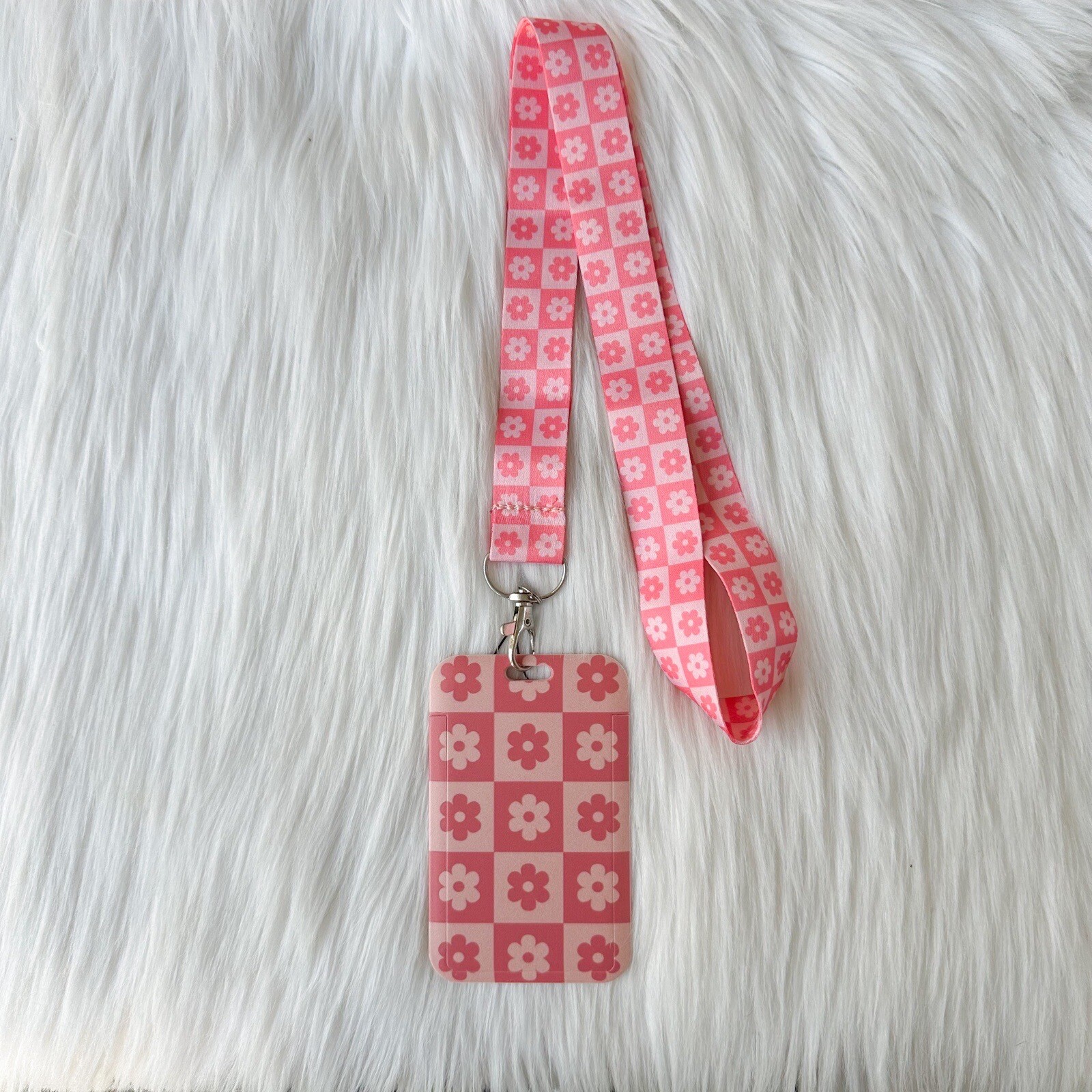 Pink floral checkered lanyard with Id/ card holder - Gem
