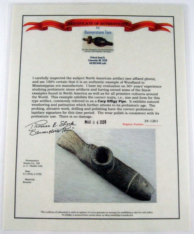 Super Fine 9 1/8 Engraved Ohio Steatite Carp Effigy Pipe Point wt COA ...