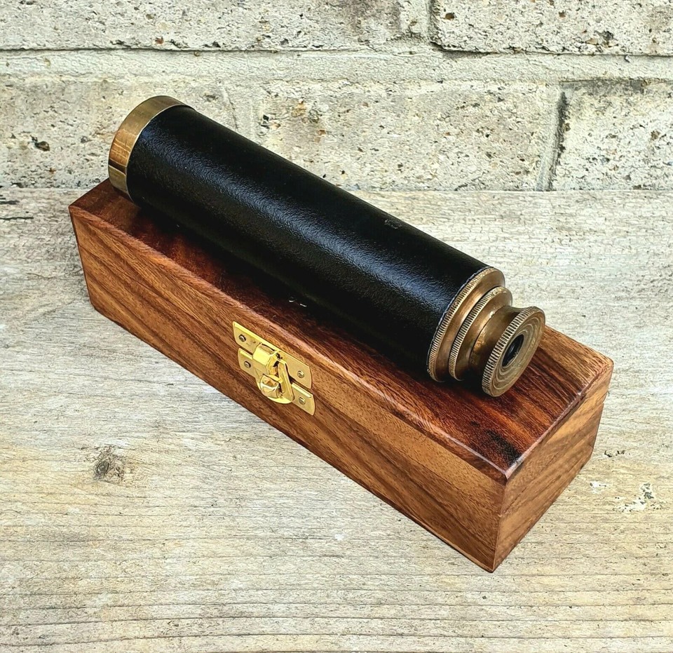 Antique Telescope Handheld Brass Wooden Box Optic Nautical Pirate Scope ...