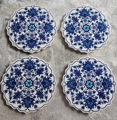 Turkish Ceramic Coasters Trivets Scallop Blue White Floral Tiles Made ...