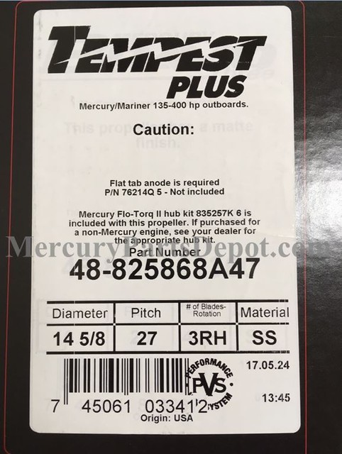 Mercury Tempest Plus Propeller 27" Pitch 48- 825868a47 - for sale ...