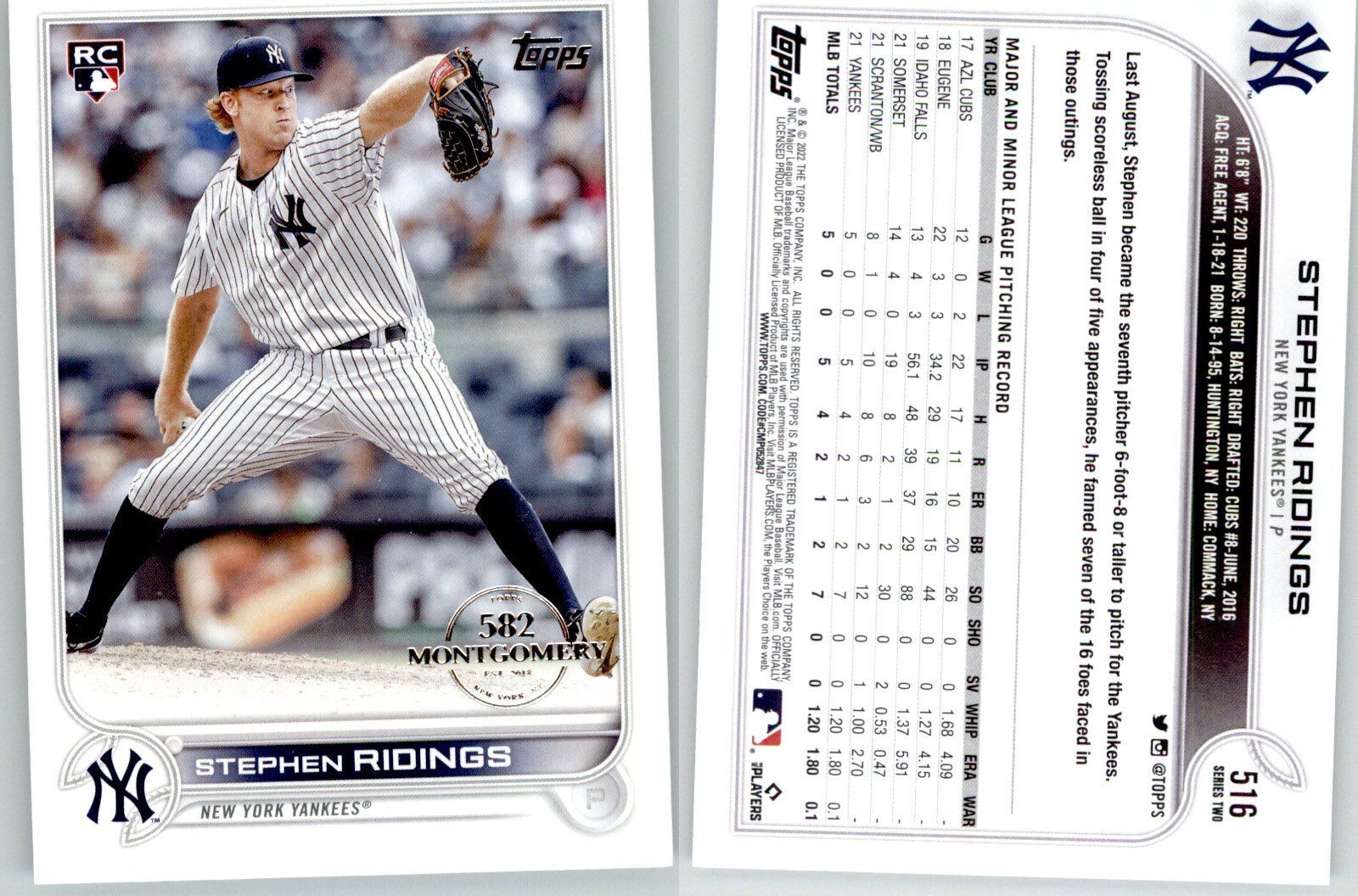 Stephen Ridings 2022 Topps 582 Montgomery Stamped Set #516 Yankees RC ...