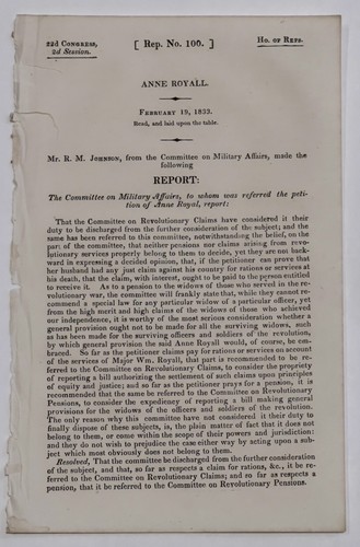 RARE ANNE ROYALL FIRST NEWSPAPERWOMAN IN THE U.S. 1833 WAR CLAIMS FOR ...